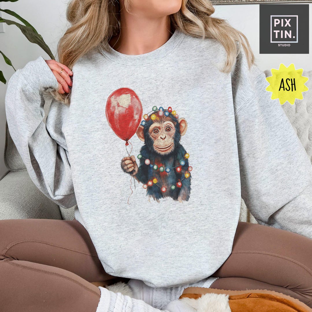 Cute Monkey With Balloon Sweatshirt, Adorable Chimpanzee Graphic ...