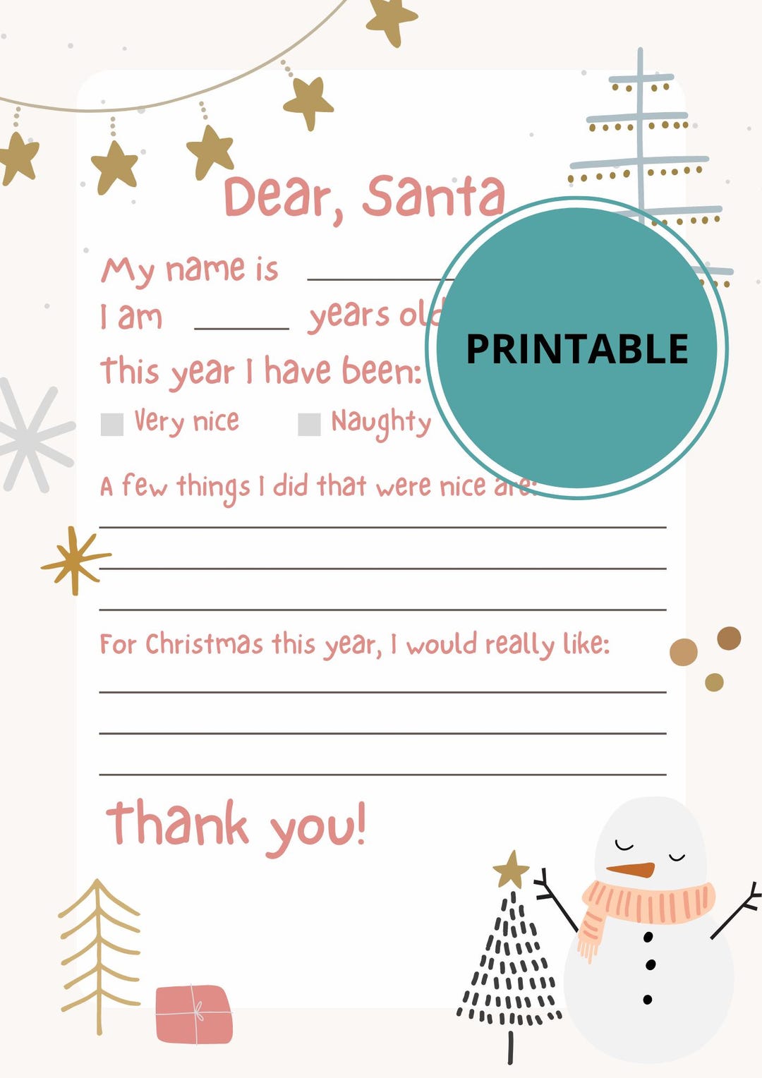 Dear Santa Christmas Wish | List Printable | PDF File | Print at Home ...