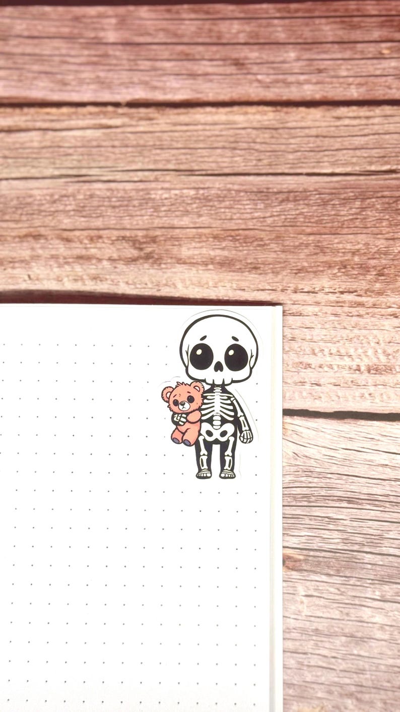 Skeleton Boy Hugging Teddy Bear Sticker, Hand Drawn Art Sticker for ...