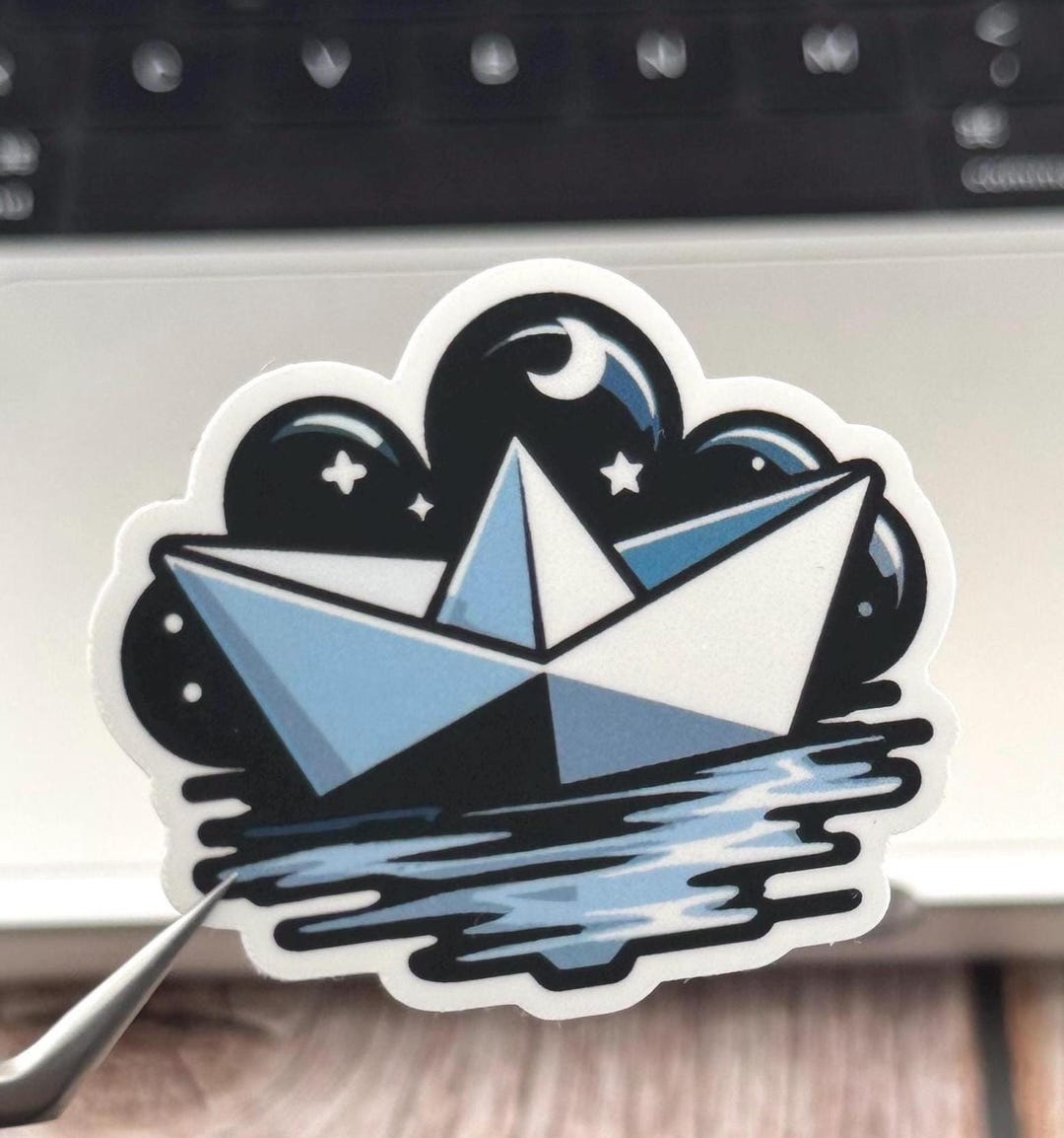 Origami Paper Boat Sticker, Oceanic Art Decal With Clouds, Half Moon ...