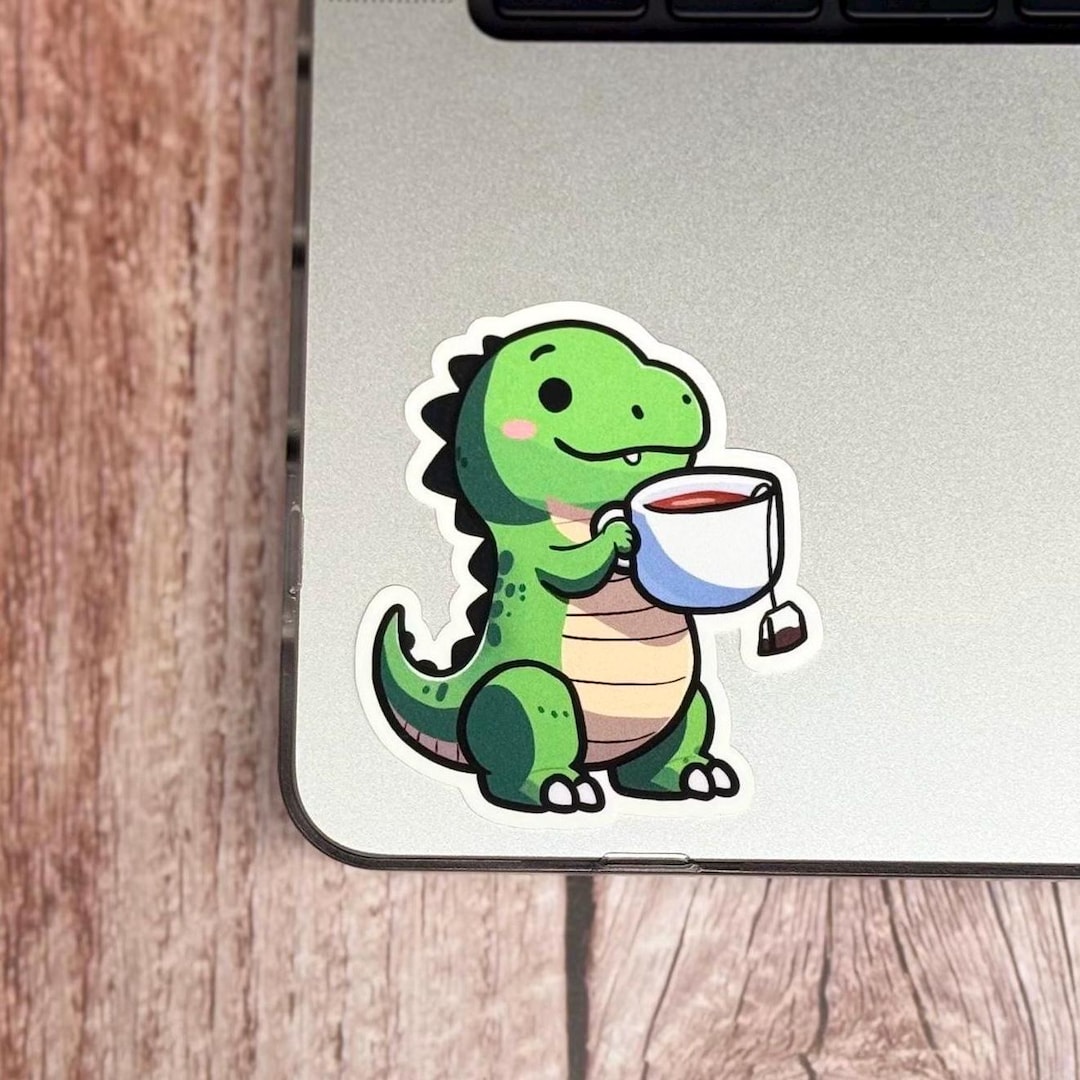 Hand Drawn Tea-rex Dinosaur Drinking Tea Sticker, Cute Dino Art, Cuddly ...