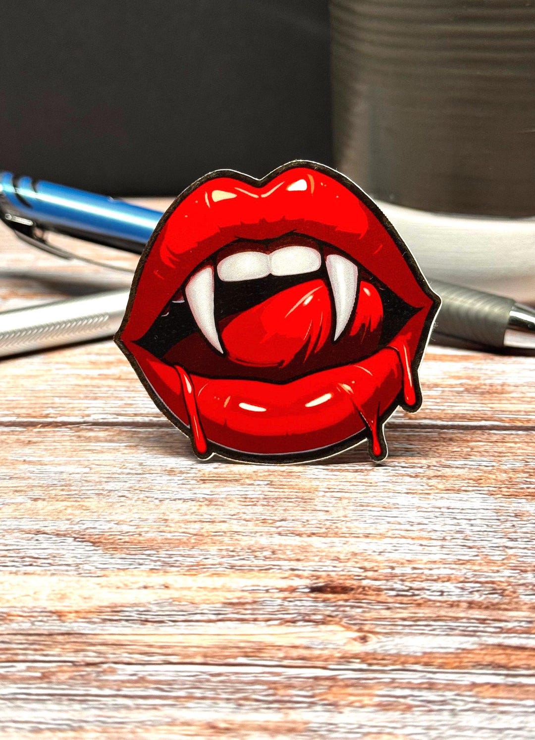 Vampire Lips With Fangs Sticker | Hand Drawn Halloween Red Lips Vinyl ...