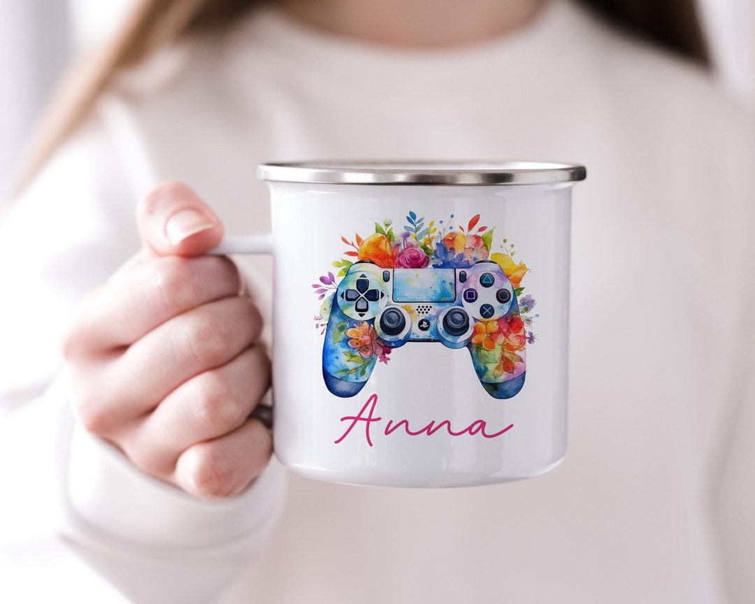 Personalized Girl's Game Controller Mug, Floral Gamer Girl Enamel ...