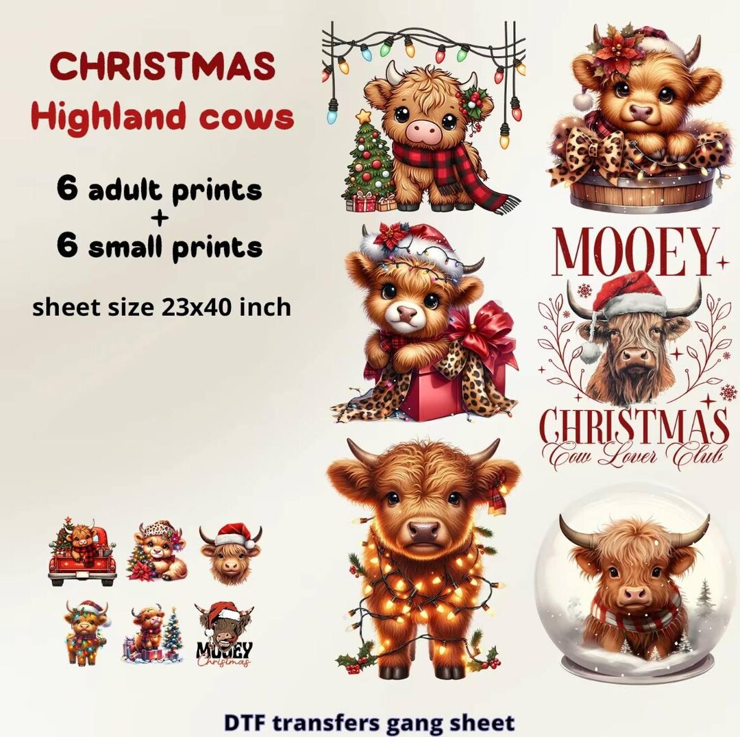Christmas Highland Cow DTF Transfer Gang Sheet 23x60''/23x40, DTF ...