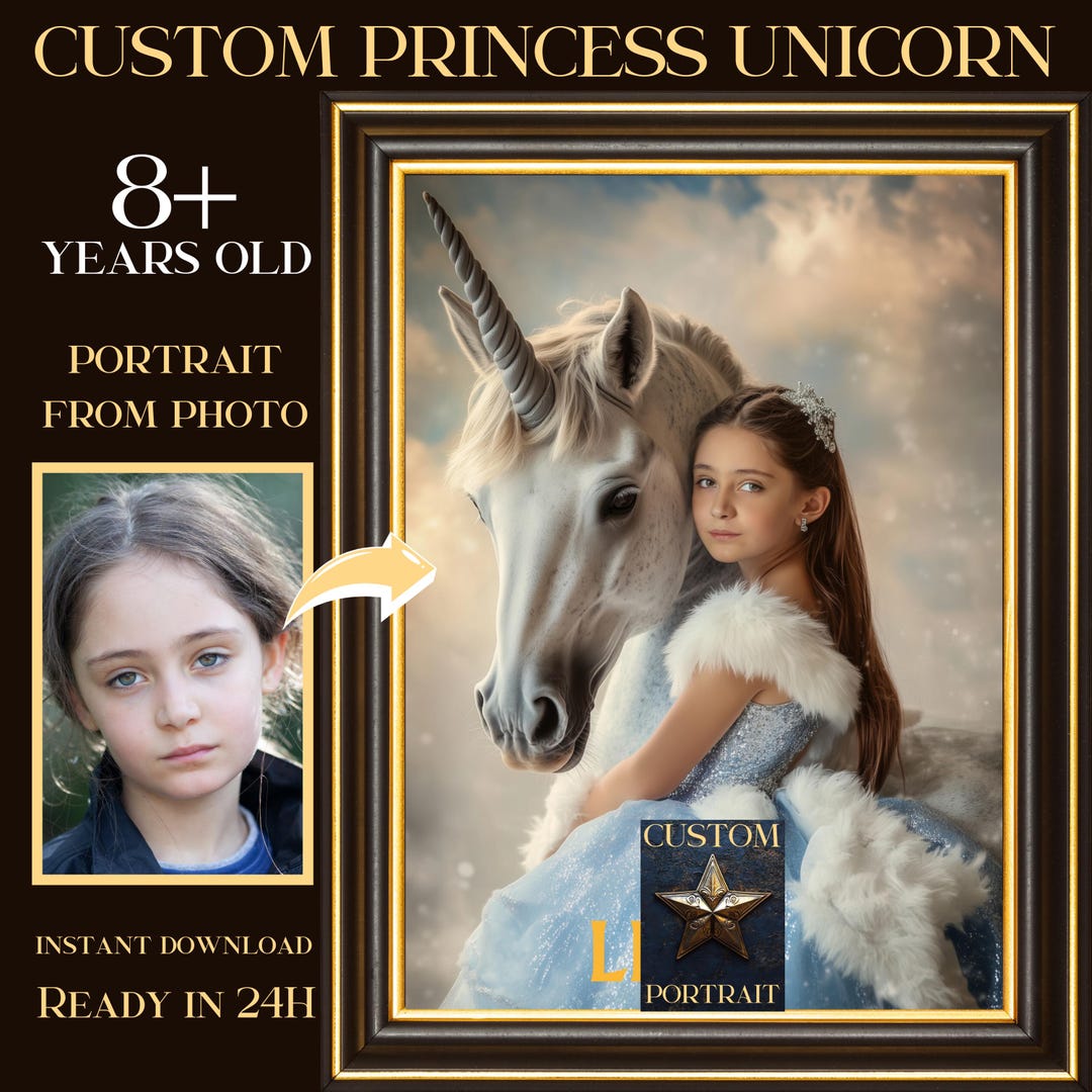 Custom Unicorn and Girl Portrait Series - Fairy Tale Inspired Illustrations for Personalized ...