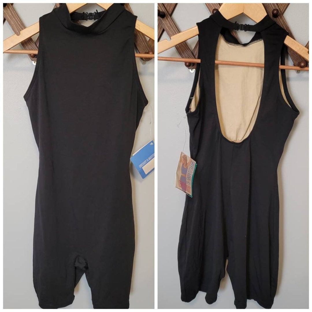Vintage Dance Unitard Leotard Singlet Shorts One Piece Body Suit Black ...