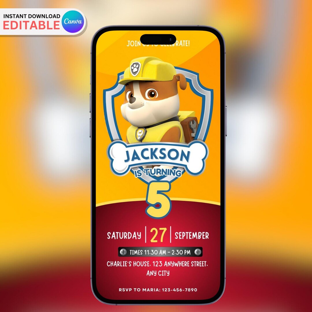 Rubble Mobile Invitation, Rubble Birthday Invitation, Rubble Mobile ...