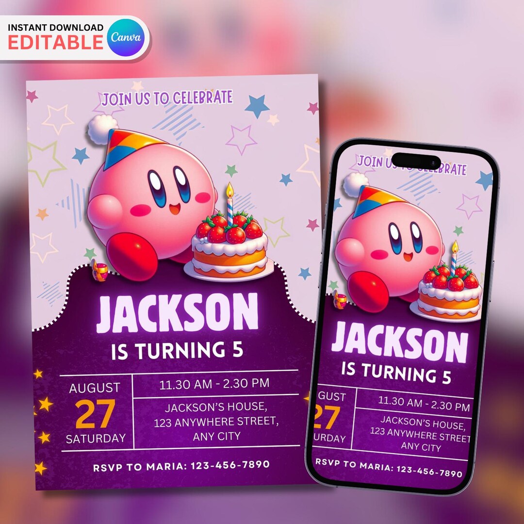 Editable Kirby Birthday Party Invitation Template,kirby Invite for Kids,edit and Print With ...
