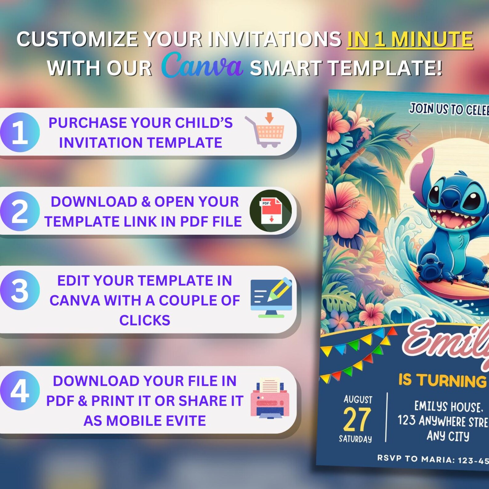 Stitch Editable Birthday Invitation Template, Printable Birthday Party ...