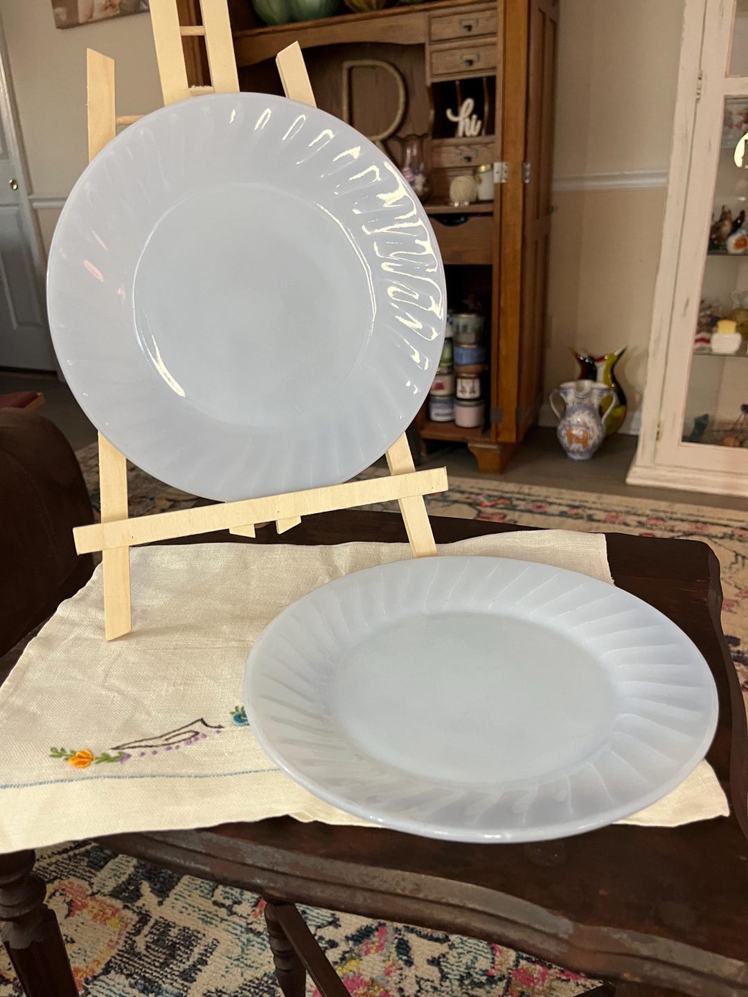 Set of 2 Vintage Fire King Azurite Blue Swirl Milk Glass Dinner Plates ...
