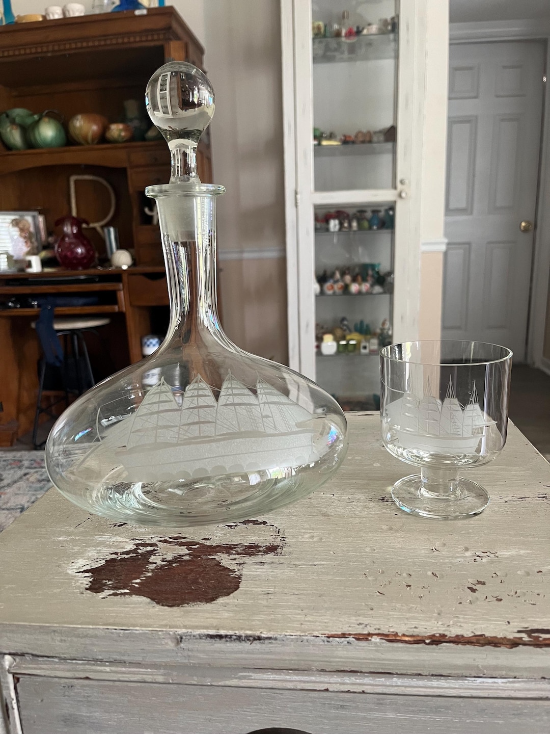 Vintage 1970s Crystal Clipper Ship Decanter and Stem Glass - Etsy