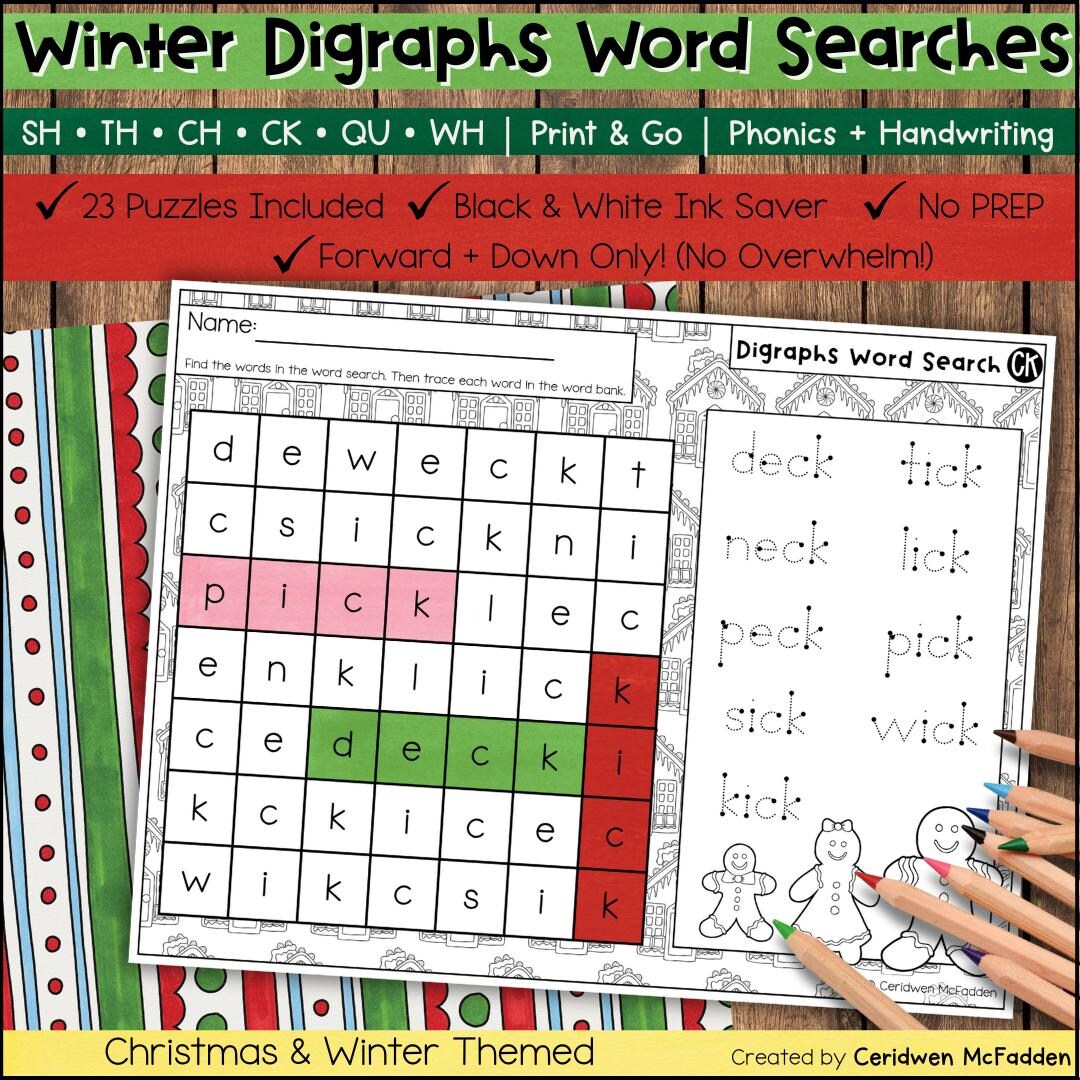 Christmas & Winter Digraph Word Searches | Sh Th Ch Ck Qu Wh Worksheets ...