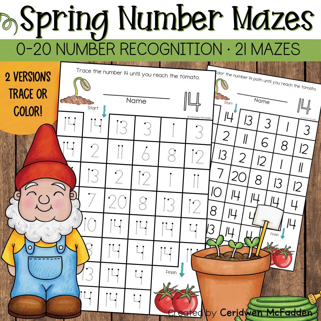 Number Tracing Mazes 0–20 | Spring Number Recognition Worksheets ...
