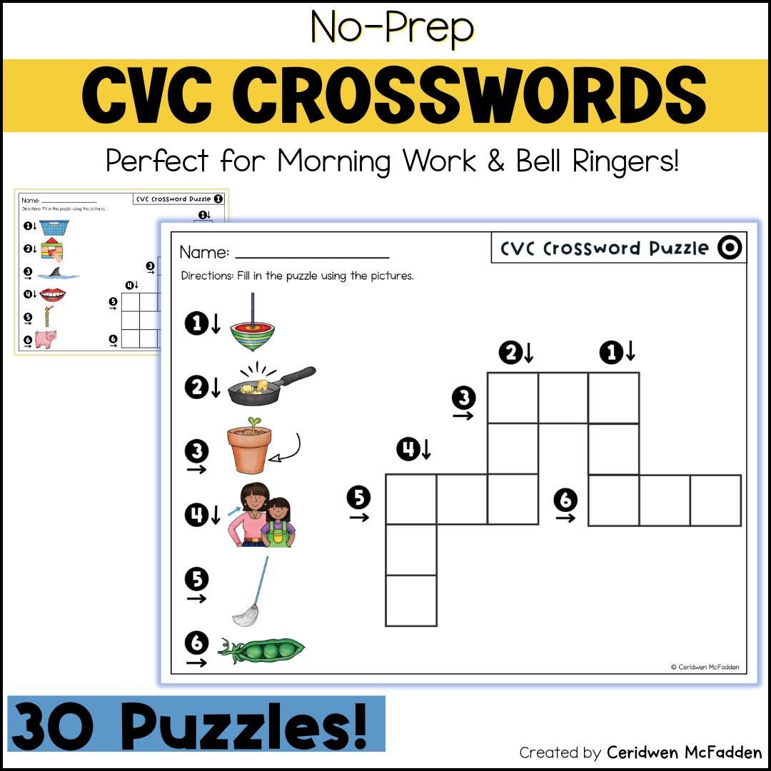 CVC Worksheets – 30 No-prep Crossword Puzzles | Short Vowel Morning ...