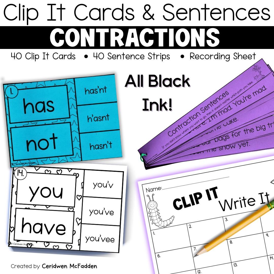 Contractions Activities for 1st Grade | Clip Cards Literacy Center ...
