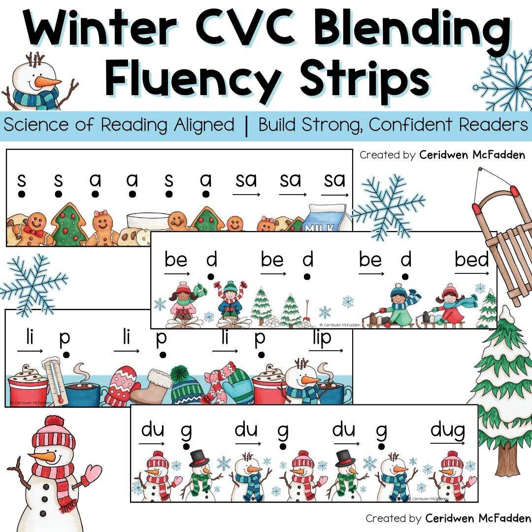 Winter CVC Blending Fluency Strips – Science of Reading Phonics ...