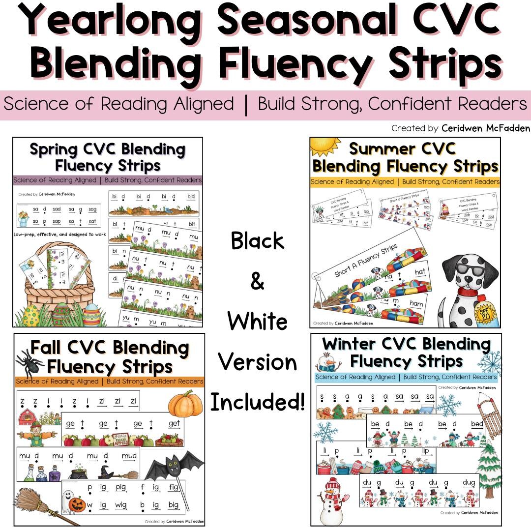 CVC Word Blending Fluency Strips Bundle | Kindergarten Phonics ...