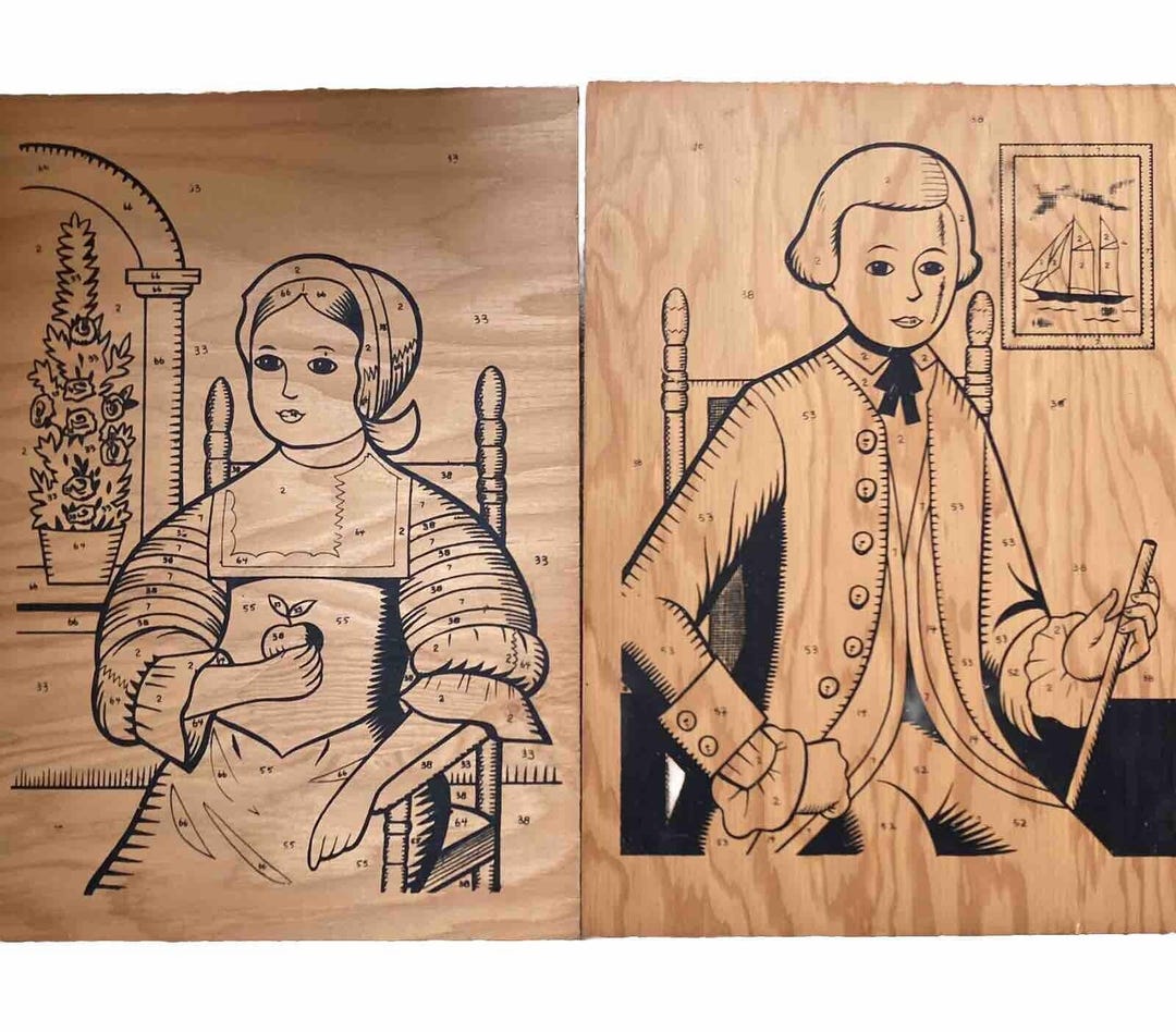 1960s Pair of American Folk Portraits on Wood Wall Art Paint by Number ...