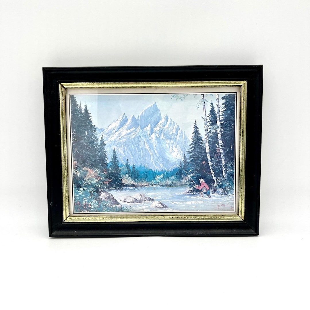 Vintage Framed Keith Fay Print Mountain Scene Fisherman Cabin Decor ...