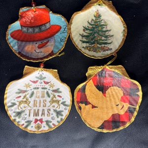 Decoupage and Hand Painted Sea Shells. Maybe Used Christmas Ornaments ...