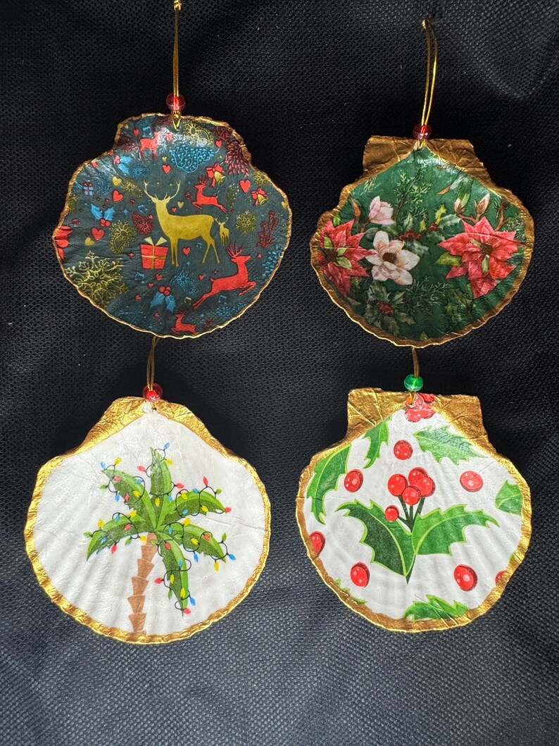Decoupage and Hand Painted Sea Shells. Maybe Used Christmas Ornaments ...