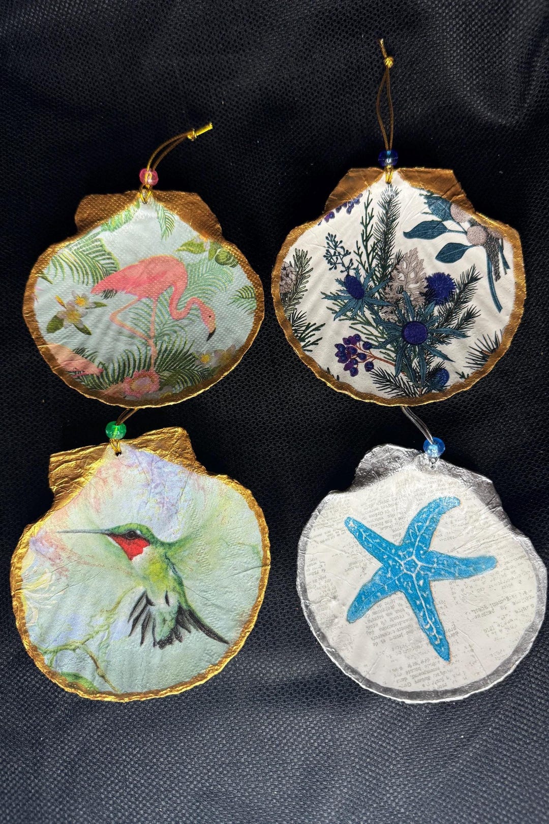 Decoupage and Hand Painted Sea Shells. Maybe Used Christmas Ornaments ...