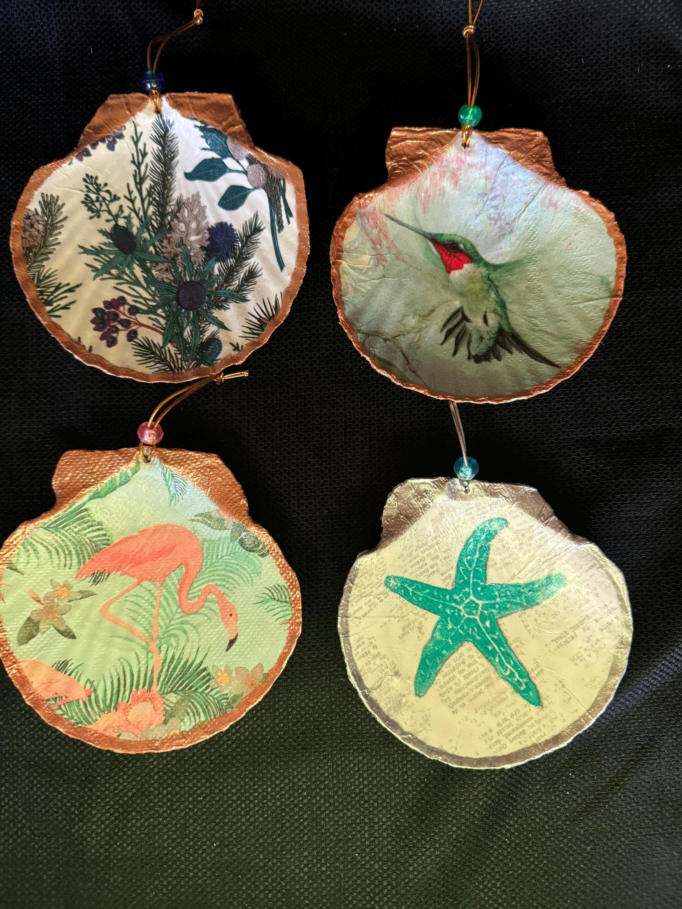Decoupage and Hand Painted Sea Shells. Maybe Used Christmas Ornaments ...