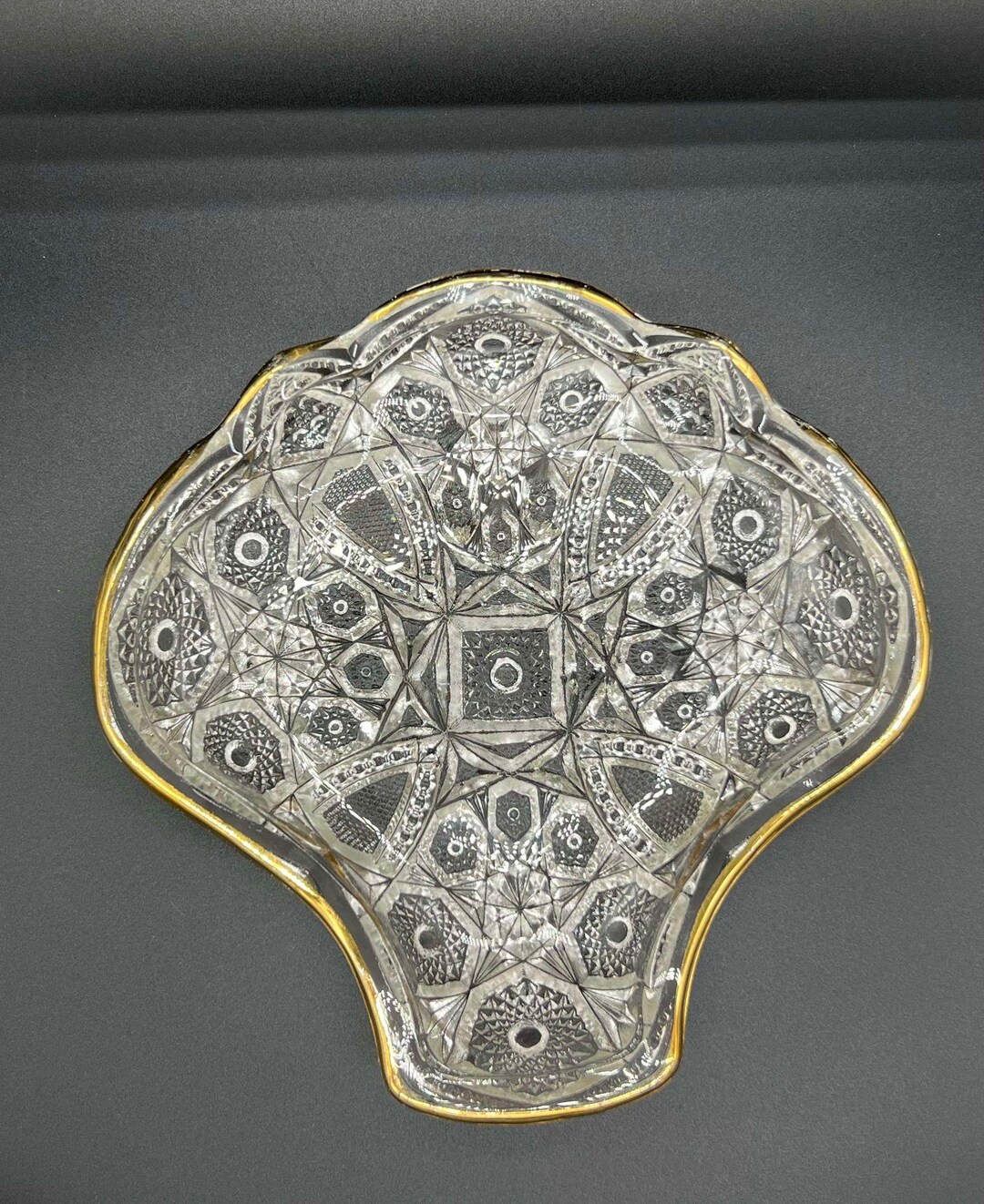 EAPG Mckee Clear Glass Fentec Shell-shaped Dish With Gold Trim, Made in ...