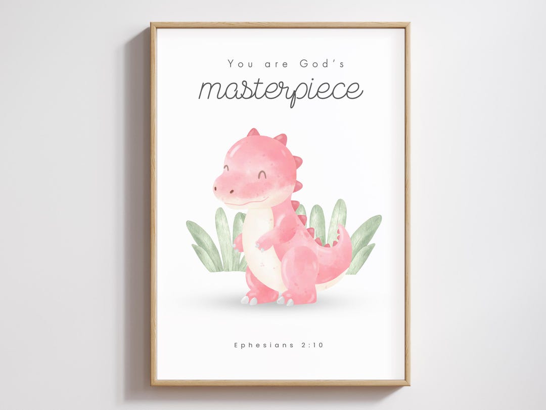 Pink Dinosaur Bible Verse Wall Art, You Are God’s Masterpiece ...