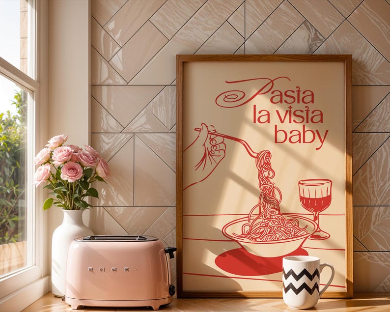 Pasta La Vista Baby - Trendy Red Kitchen Wall Art Print Minimalist ...