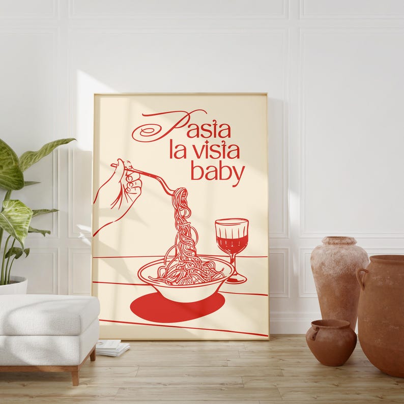 Pasta La Vista Baby - Trendy Red Kitchen Wall Art Print Minimalist ...