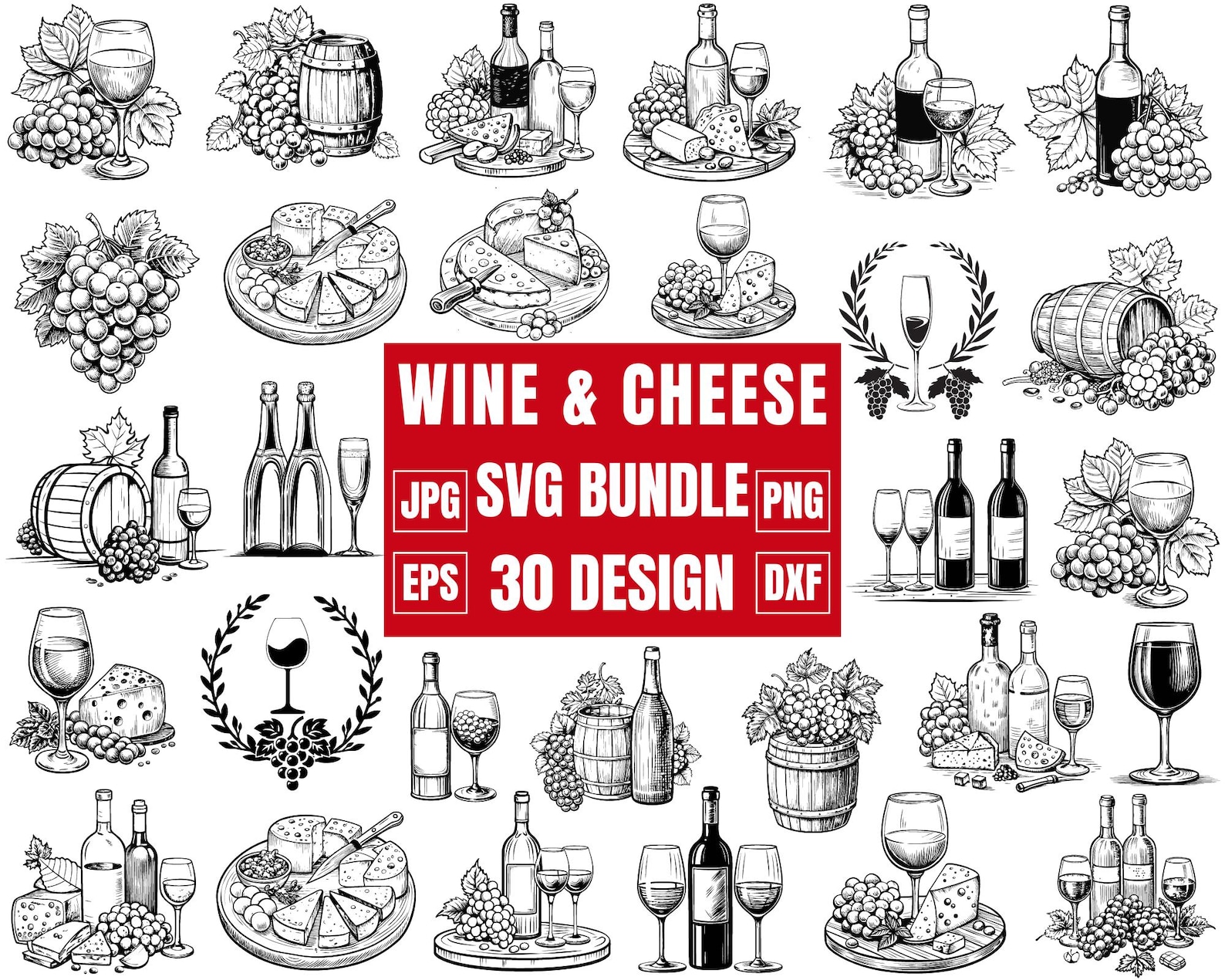 Wine and Cheese Svg Bundle, Grape Svg, Wine Barrel Svg, Cheese Svg, Wine Barrel, Wine Glass Svg ...