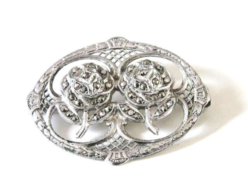 Sterling Marcasite Rose Pin Brooch Two Silver Vintage Rhodium Filigree ...