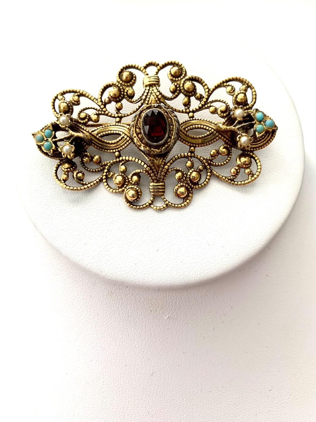 Victorian Style Brooch Gold Tone Vintage Scroll Work Faux Turquoise and ...