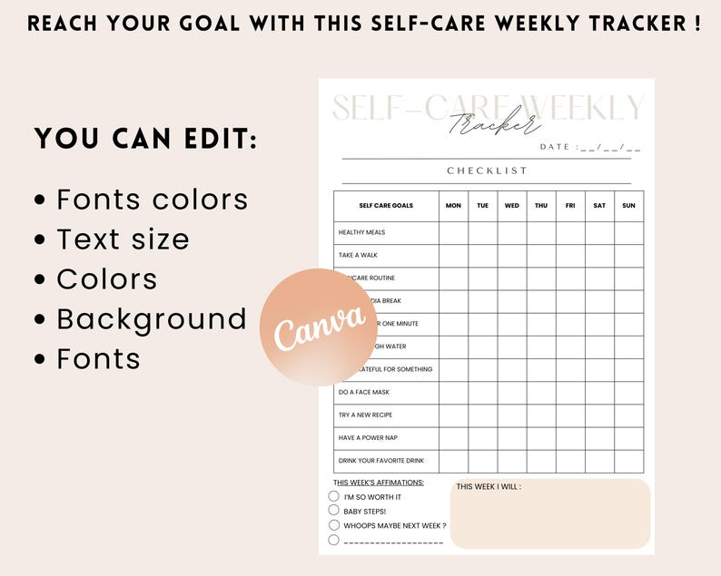 Self Care Checklist, Self-care Planner, Selfcare Journal Tracker ...