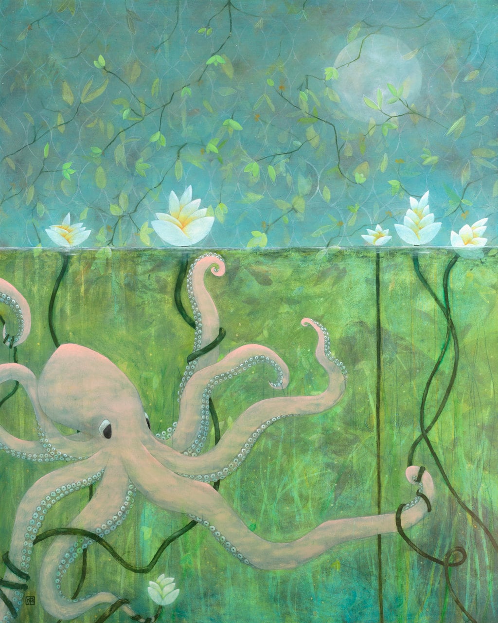The Octopus picks Lotus Blossoms at Midnight 13x19 Fine Art - Etsy