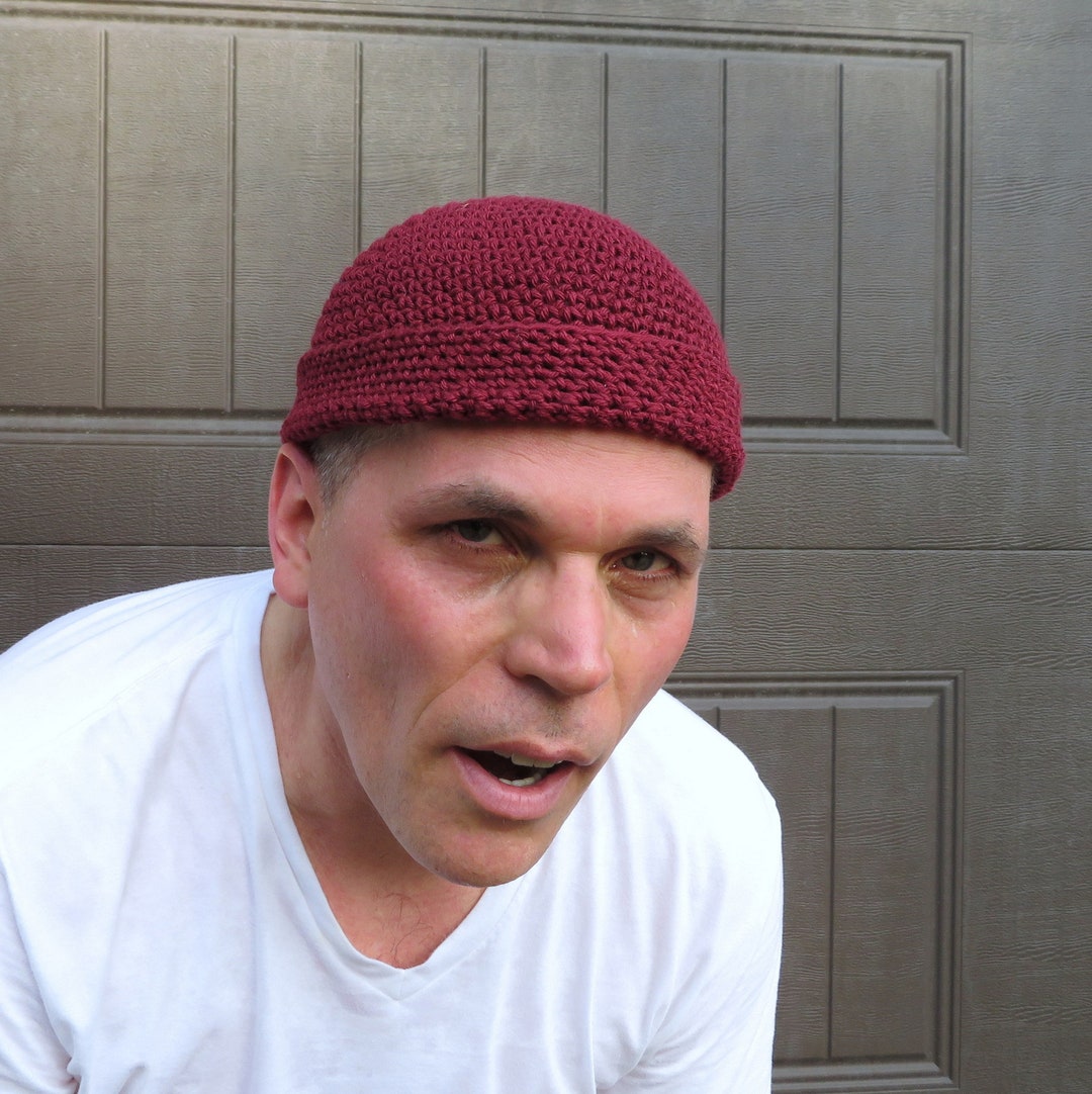 Men's Docker Cap, Deep Burgundy Cotton Dock Beanie, Crochet Watch Hat ...