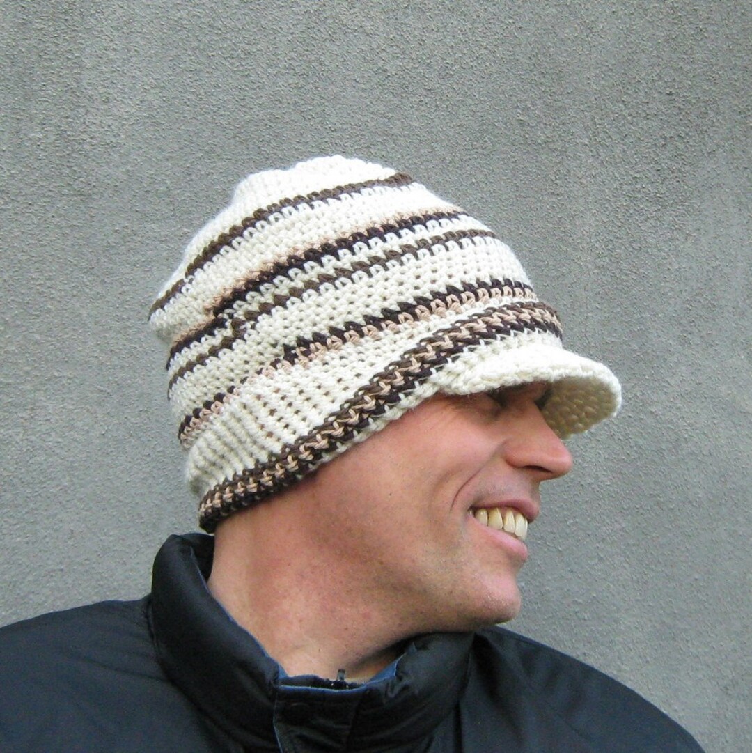 Hand Crocheted Jeep Cap: Winter White Wool Hat, Men's Billed Beanie - Etsy