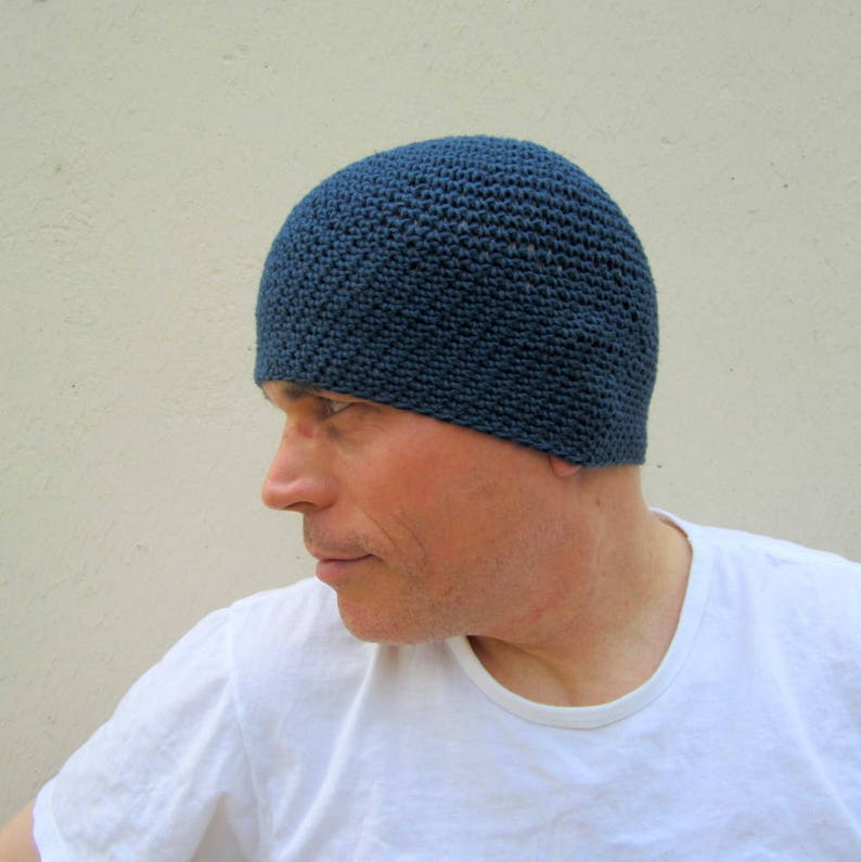 Men's Summer Beanie, Crochet Cotton Linen Hat, Deep Blue Skull Cap - Etsy