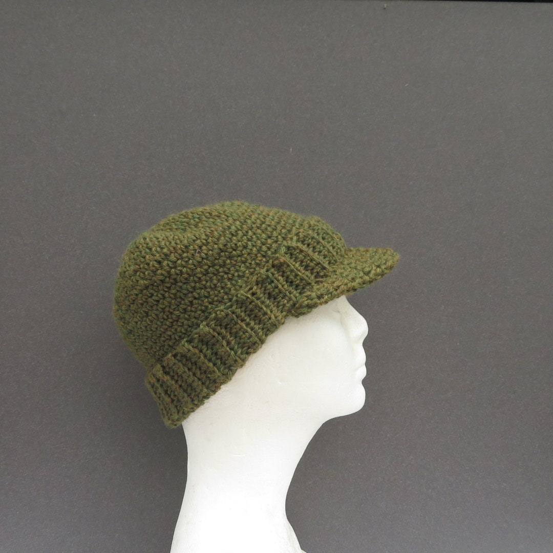 Hand Crocheted Wool Jeep Cap: Olive Drab Brimmed Beanie - Etsy