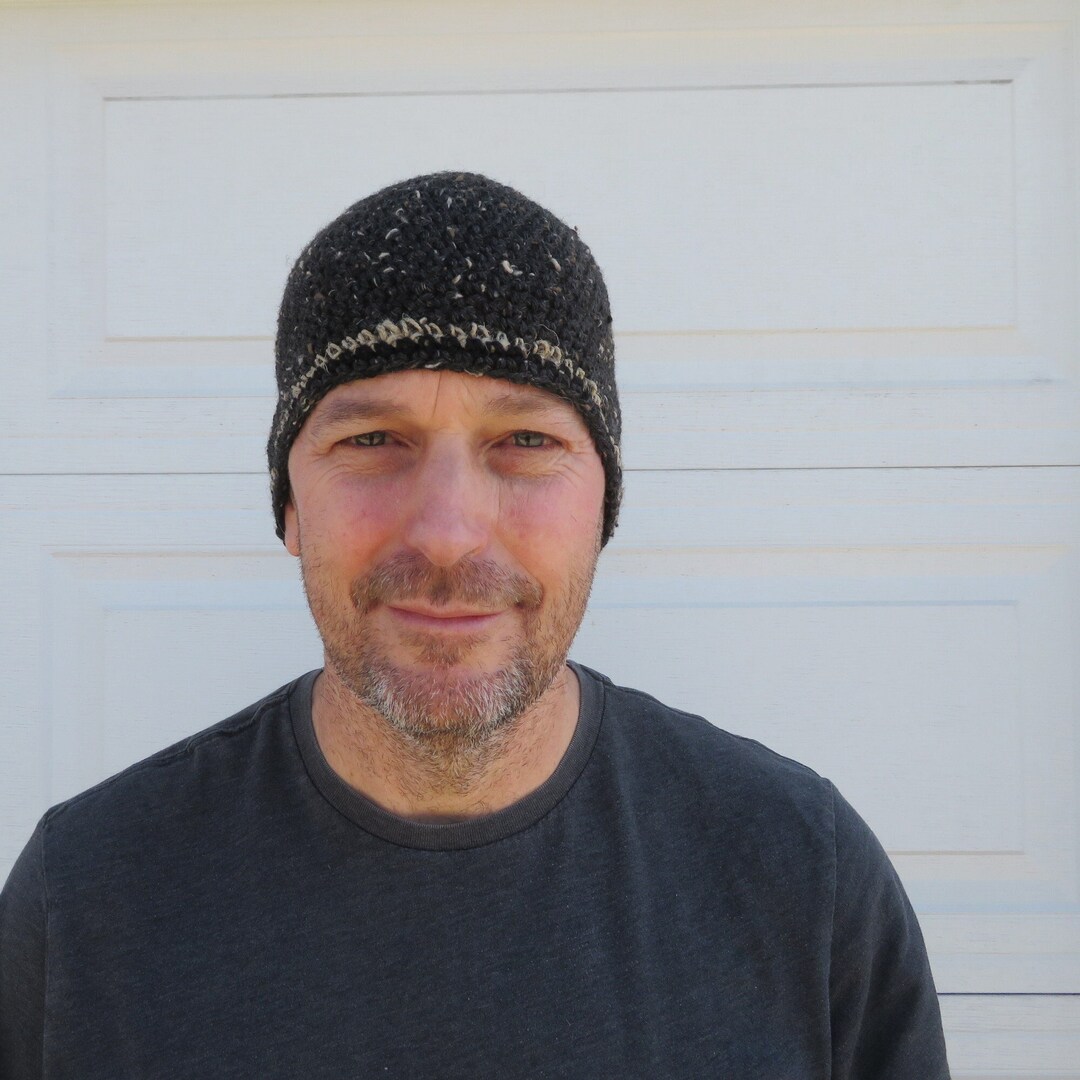 Men's Wool Hemp Beanie, Charcoal Tweed Winter Hat, Hand Crocheted Skull ...