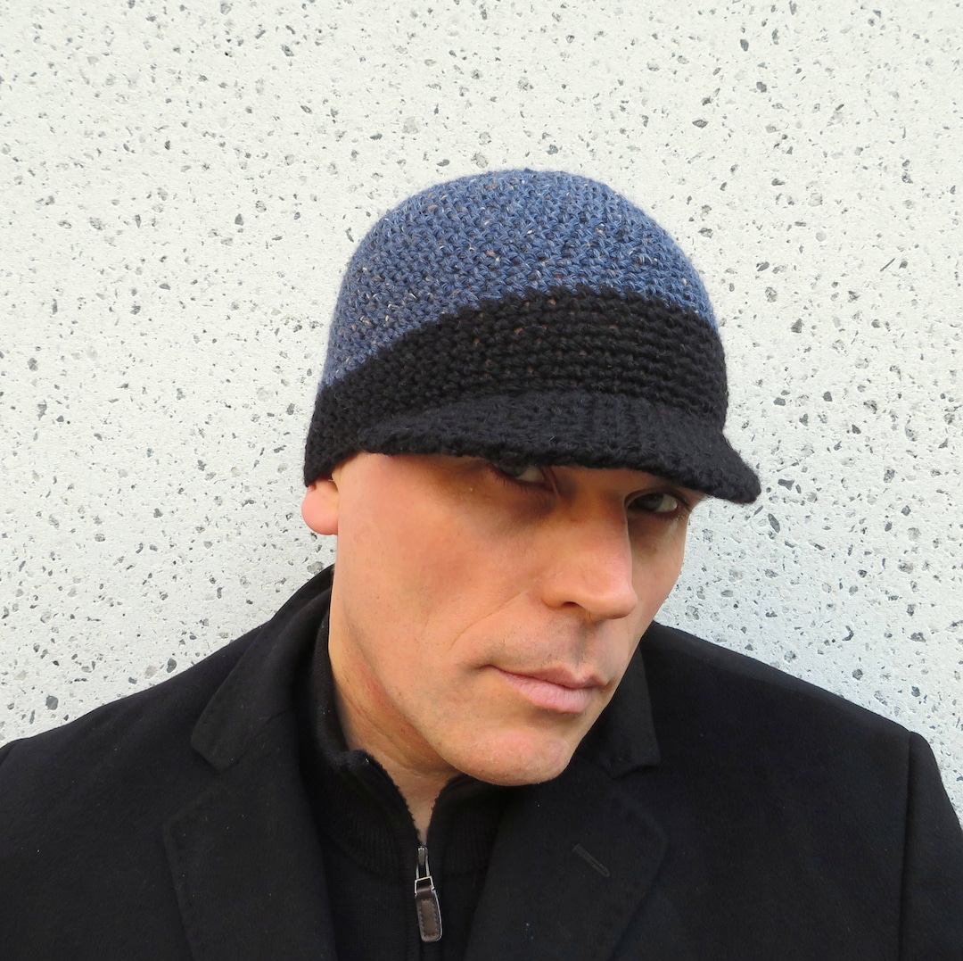 Men's Visor Beanie: Blue Tweed Black Wool Winter Hat, Crochet Brimmed ...