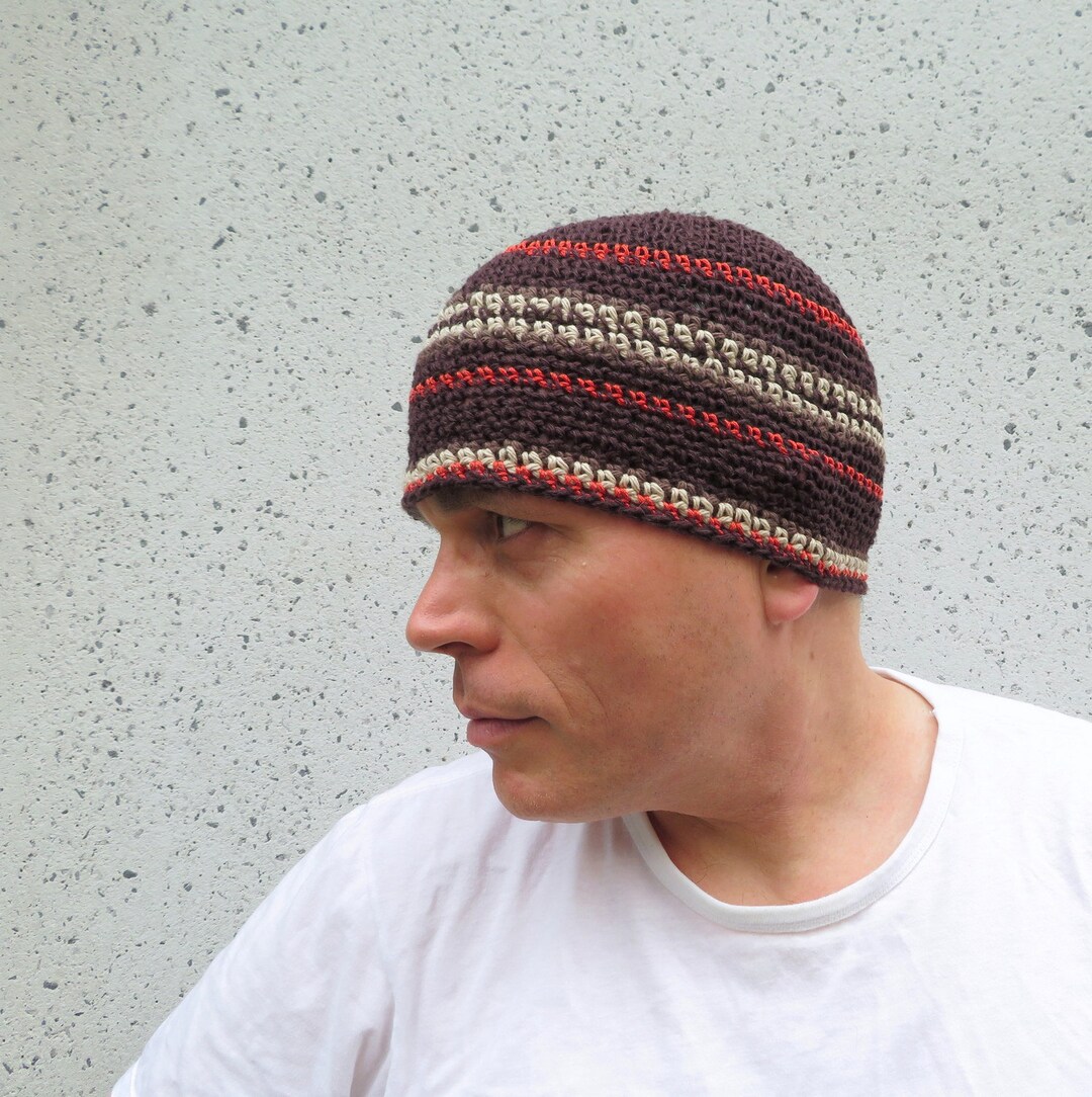 Men's Hemp Beanie, Dark Brown Stripe Skull Cap: Hand Crocheted Hat - Etsy