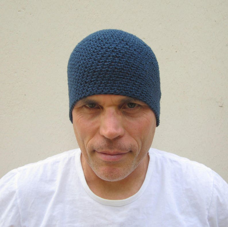 Men's Summer Beanie, Crochet Cotton Linen Hat, Deep Blue Skull Cap - Etsy