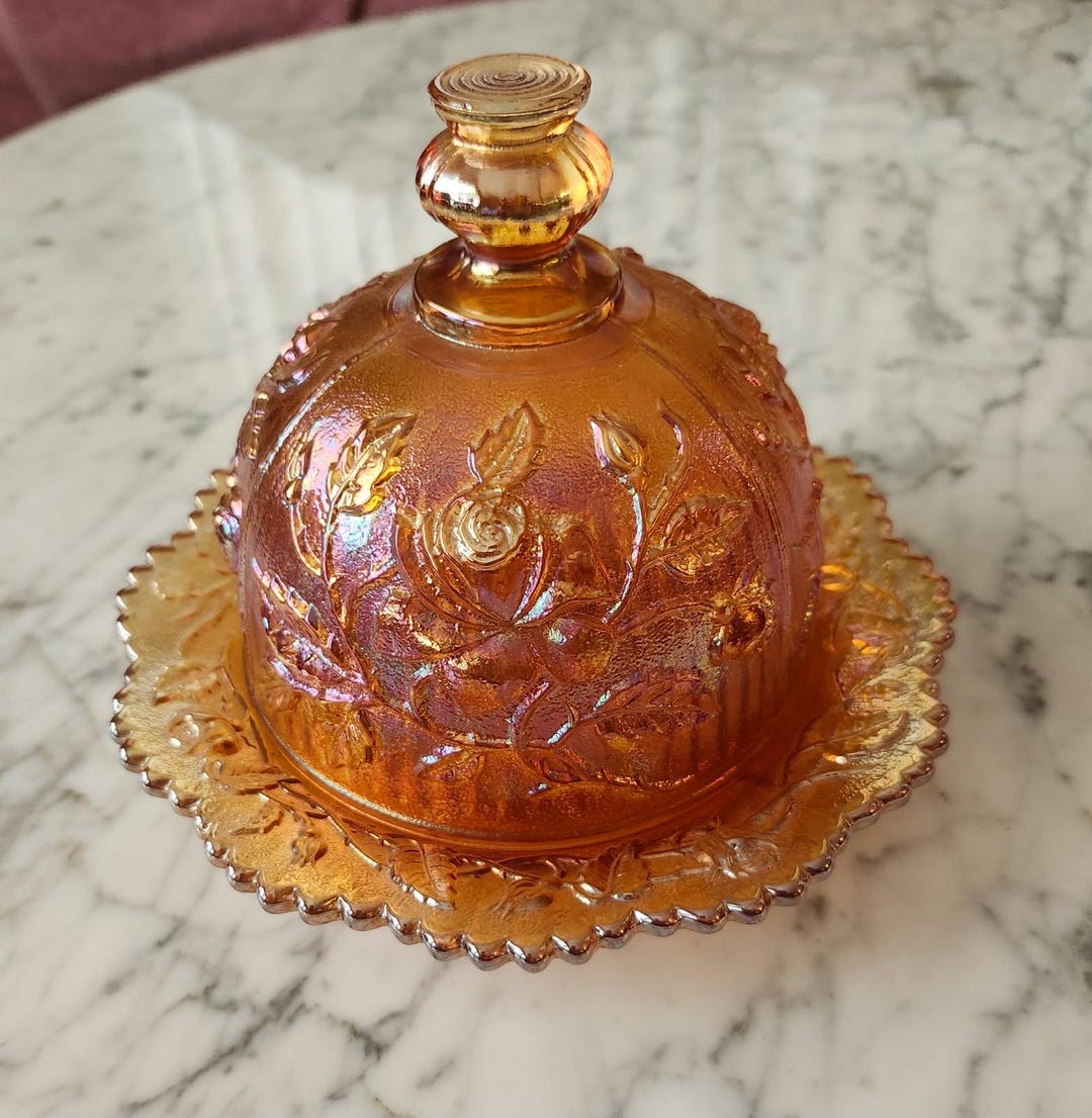 Imperial Marigold Carnival Covered Glass Butter or Cheese Dish, Rose ...