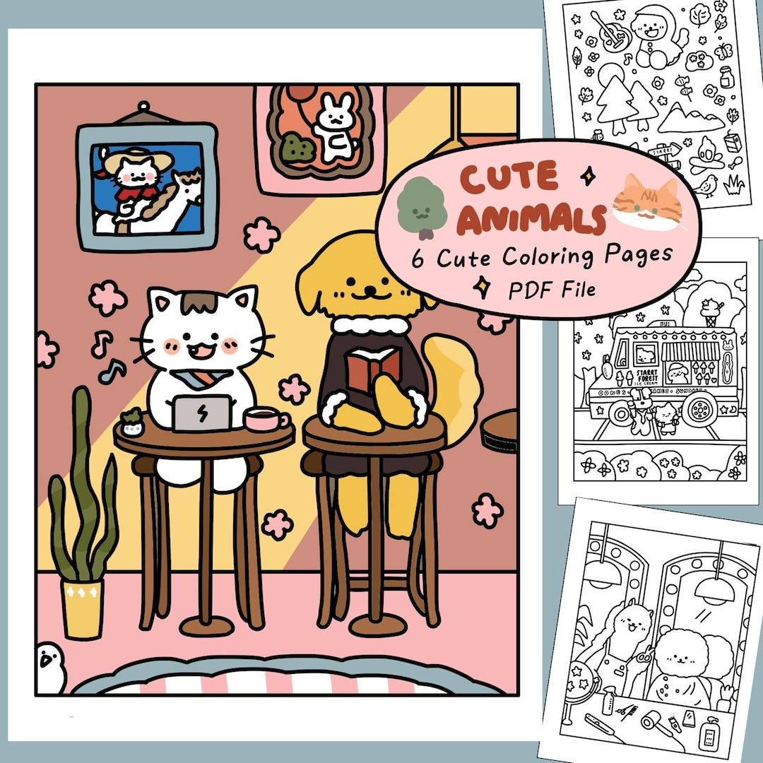 Cute Animal Cozy Coloring Book by Starry Forest, 6 Kawaii Cozy Coloring ...