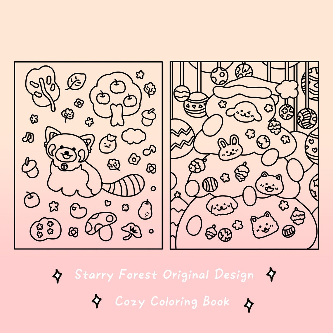 Cute Animal Coloring Pages by Starry Forest, 6 Kawaii Cozy Coloring ...