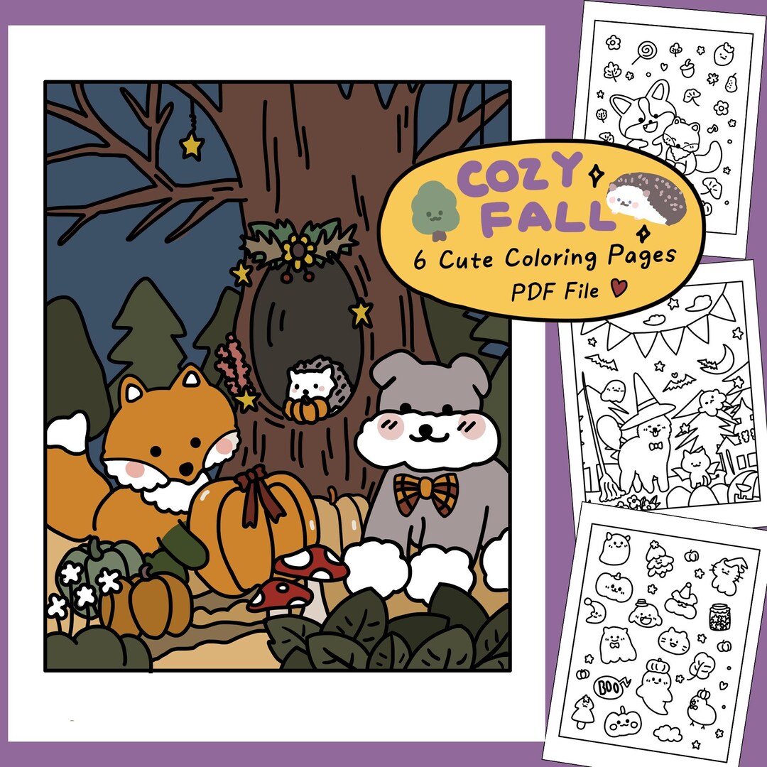 Fall Halloween Coloring Pages by Starry Forest, 6 Kawaii Cozy Cute ...