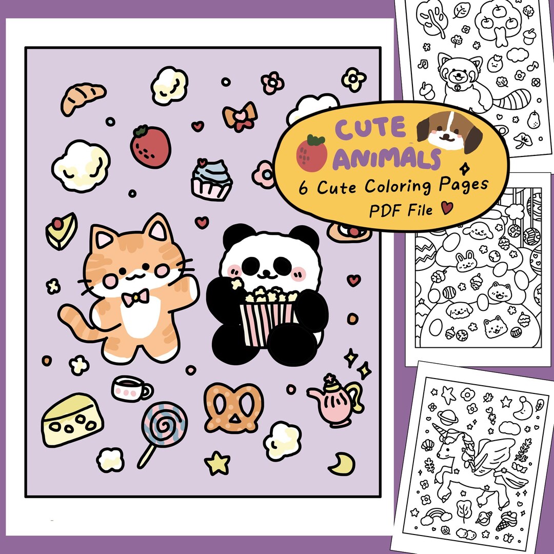 Cute Animal Coloring Pages by Starry Forest, 6 Kawaii Cozy Coloring ...