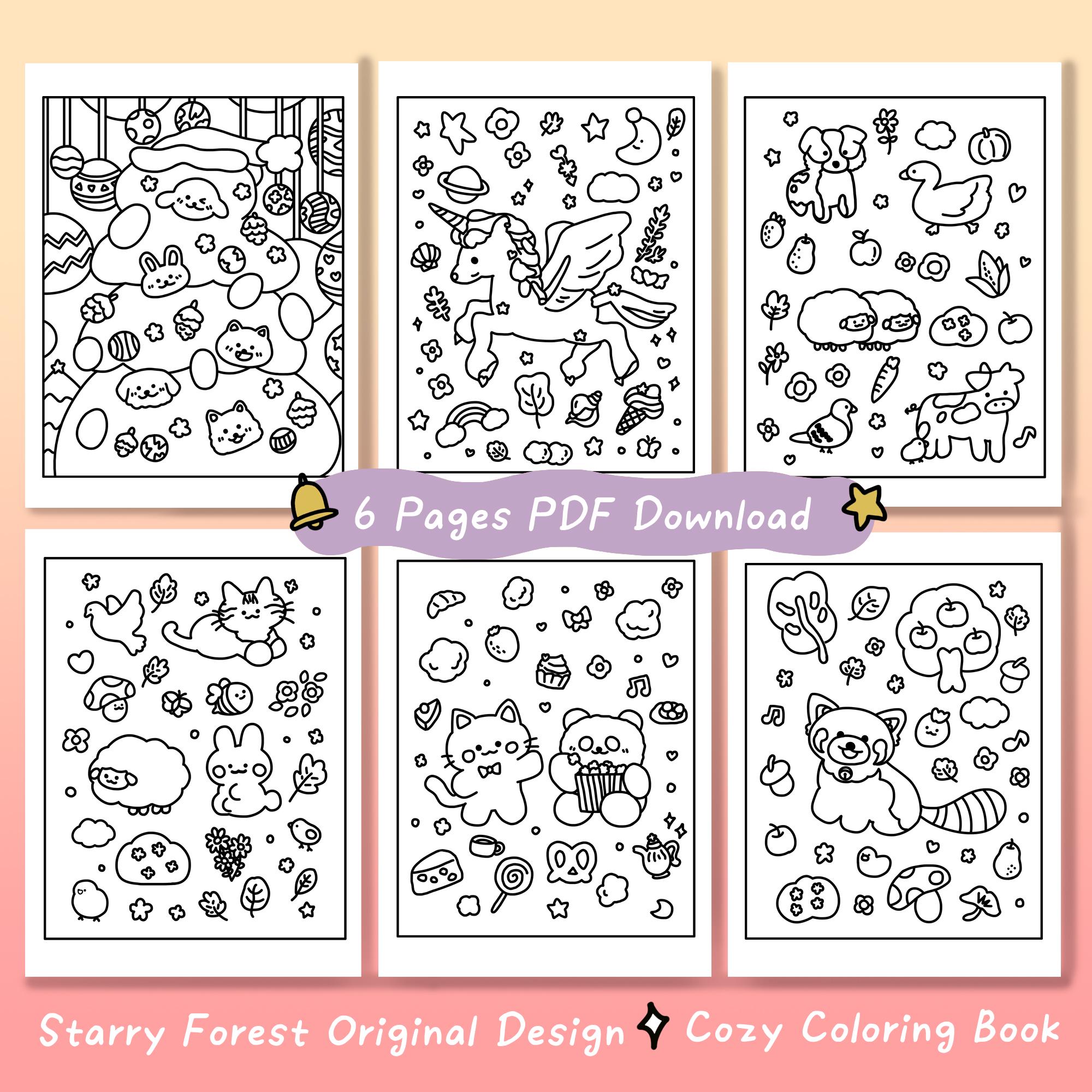 Cute Animal Coloring Pages by Starry Forest, 6 Kawaii Cozy Coloring ...